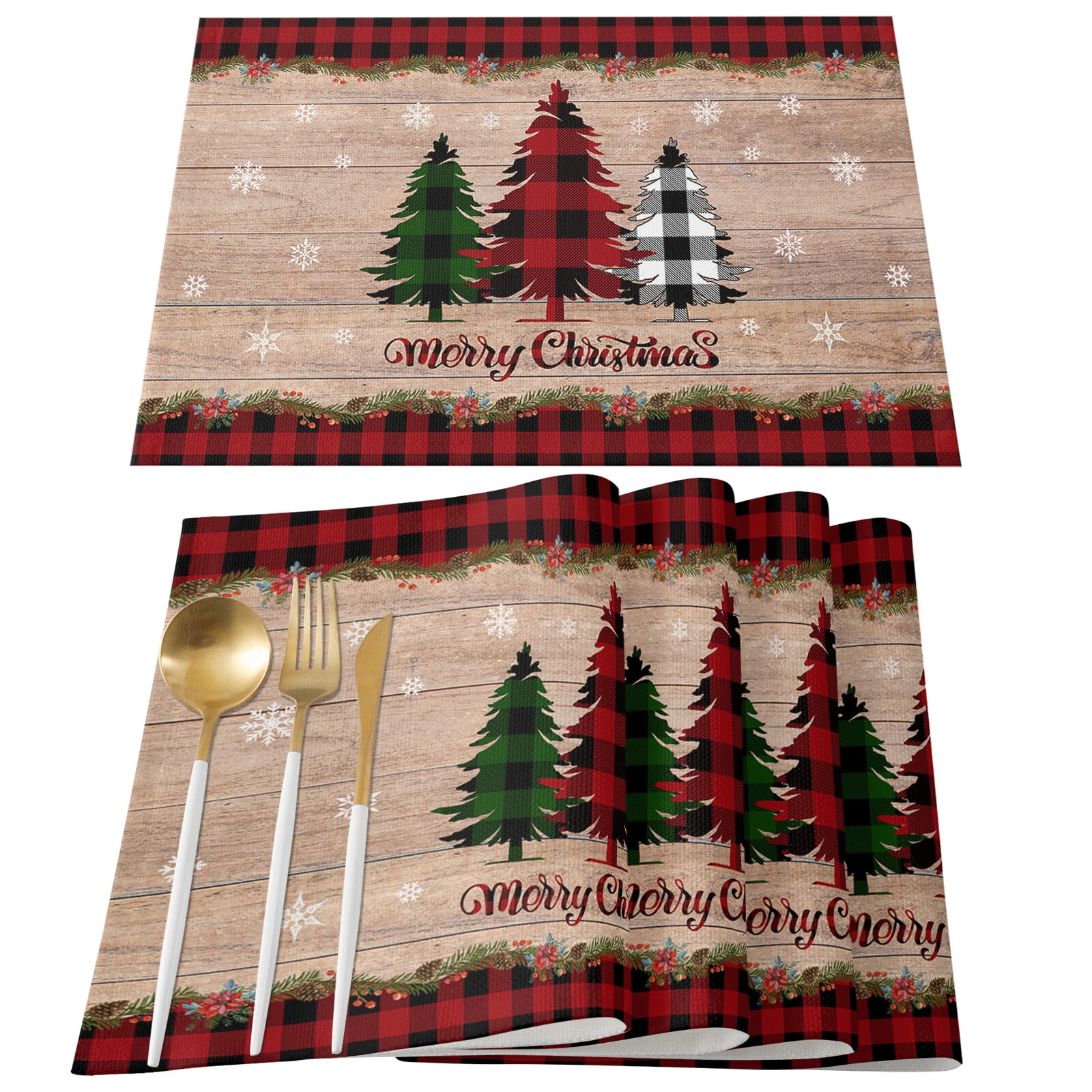 Merry Christmas Placemats Set of 4, Cotton Linen, Non-Slip, Washable ...