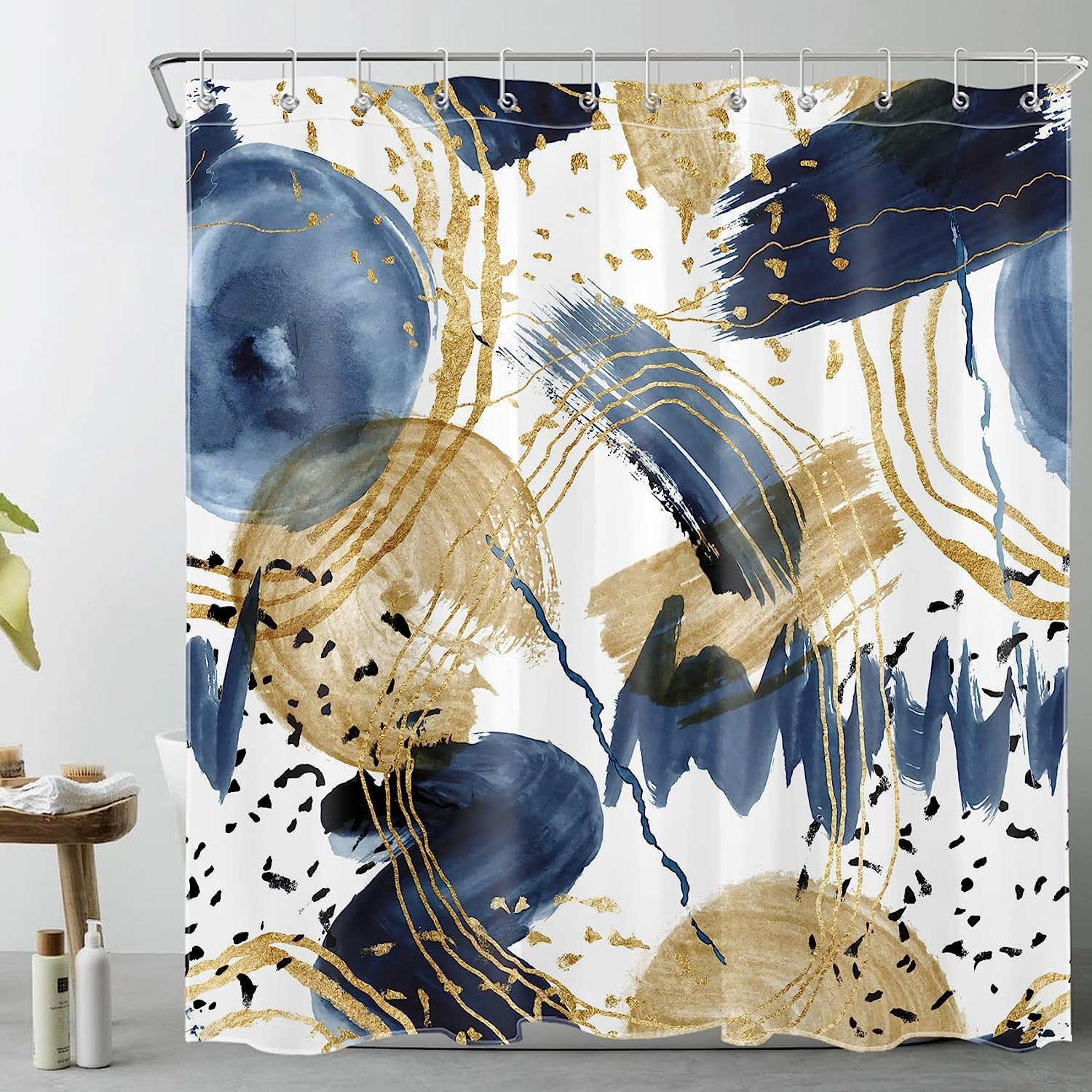Joocar Mid Century Modern Shower Curtain Navy Blue And Gold Abstract