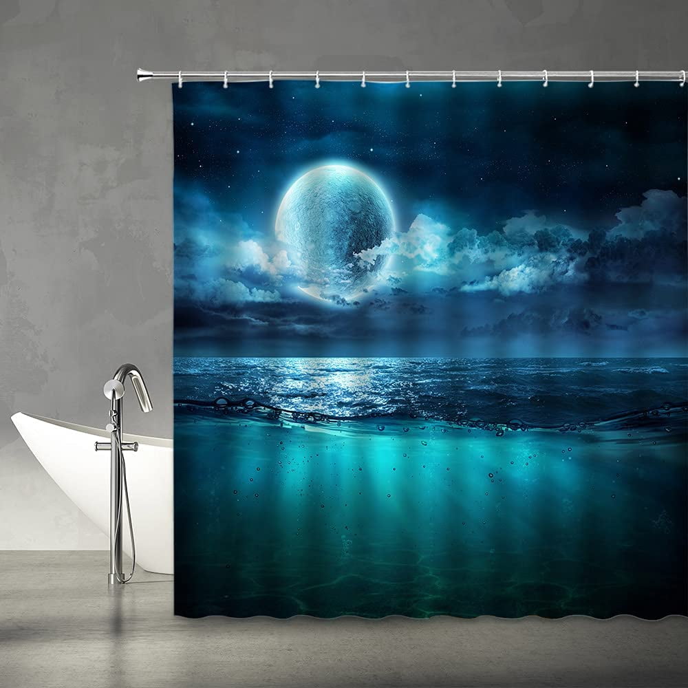 JOOCAR Moon Shower Curtain Ocean Full Moon Moonlight Starry Sky Cloud ...