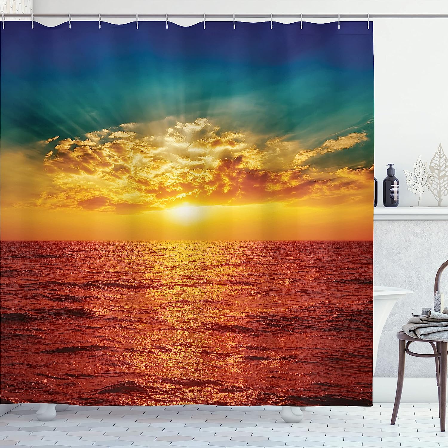 JOOCAR Ocean Shower Curtain, Sunset Clouds Exotic Seaside with Sun Rays ...