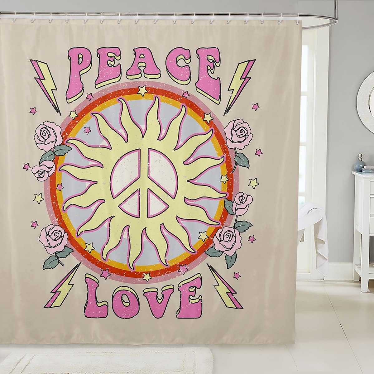 Joocar Peace Sign Shower Curtain Sun And Rose Flowers Curtain Retro