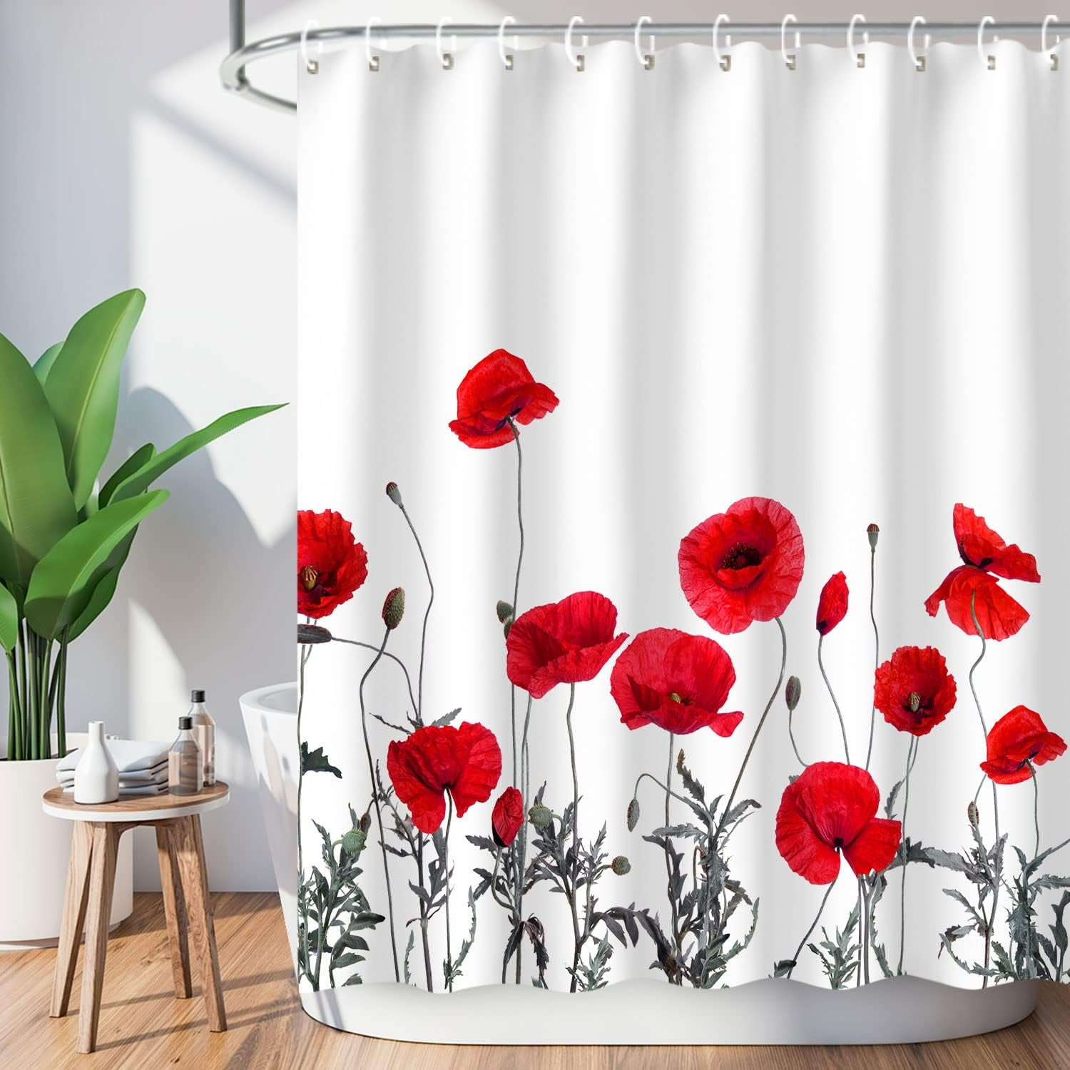 JOOCAR Poppy Shower Curtain Red with 12 Hooks Washable Polyester Fabric ...