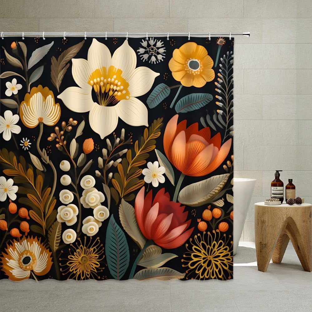 Joocar Retro Boho Floral Polyester Shower Curtain Colorful Flowers