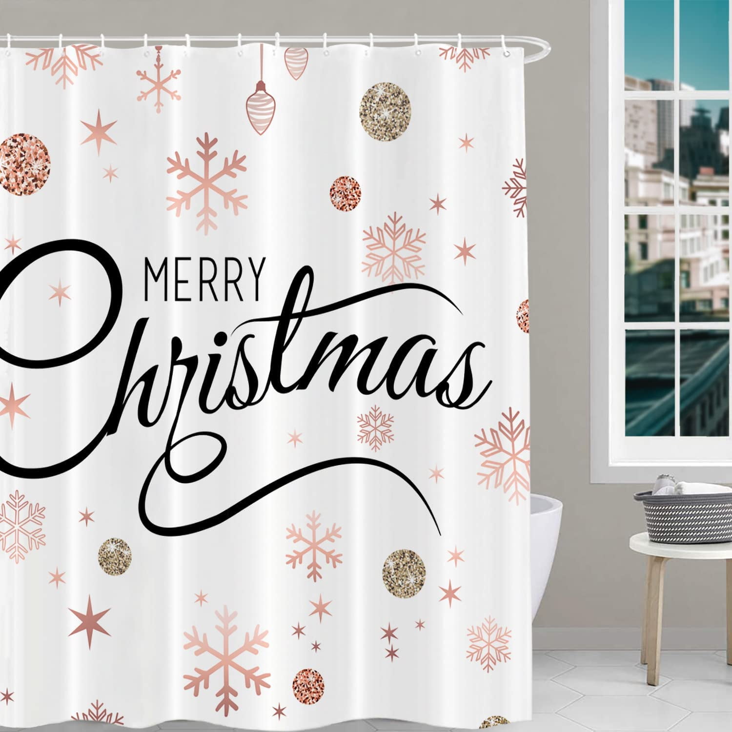 JOOCAR Rose Gold Snowflake Snowball Decor Shower Curtain Set,Black ...