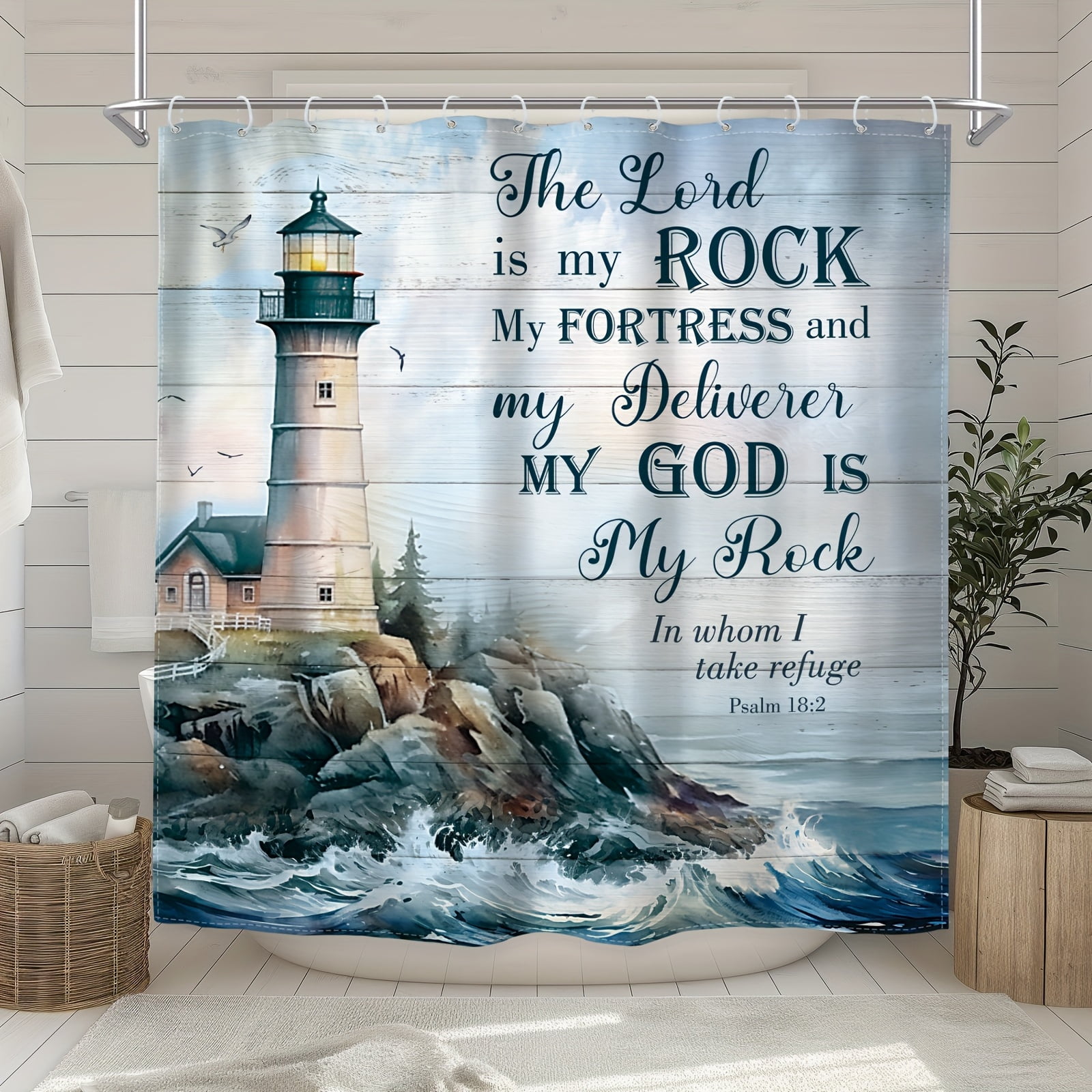 JOOCAR The Lord is My Rock Christian Lighthouse Shower Curtain with ...