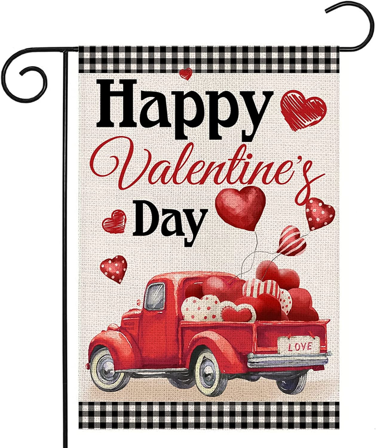JOOCAR Valentine's Day Garden Flags, Black and White Plaid Red Truck ...
