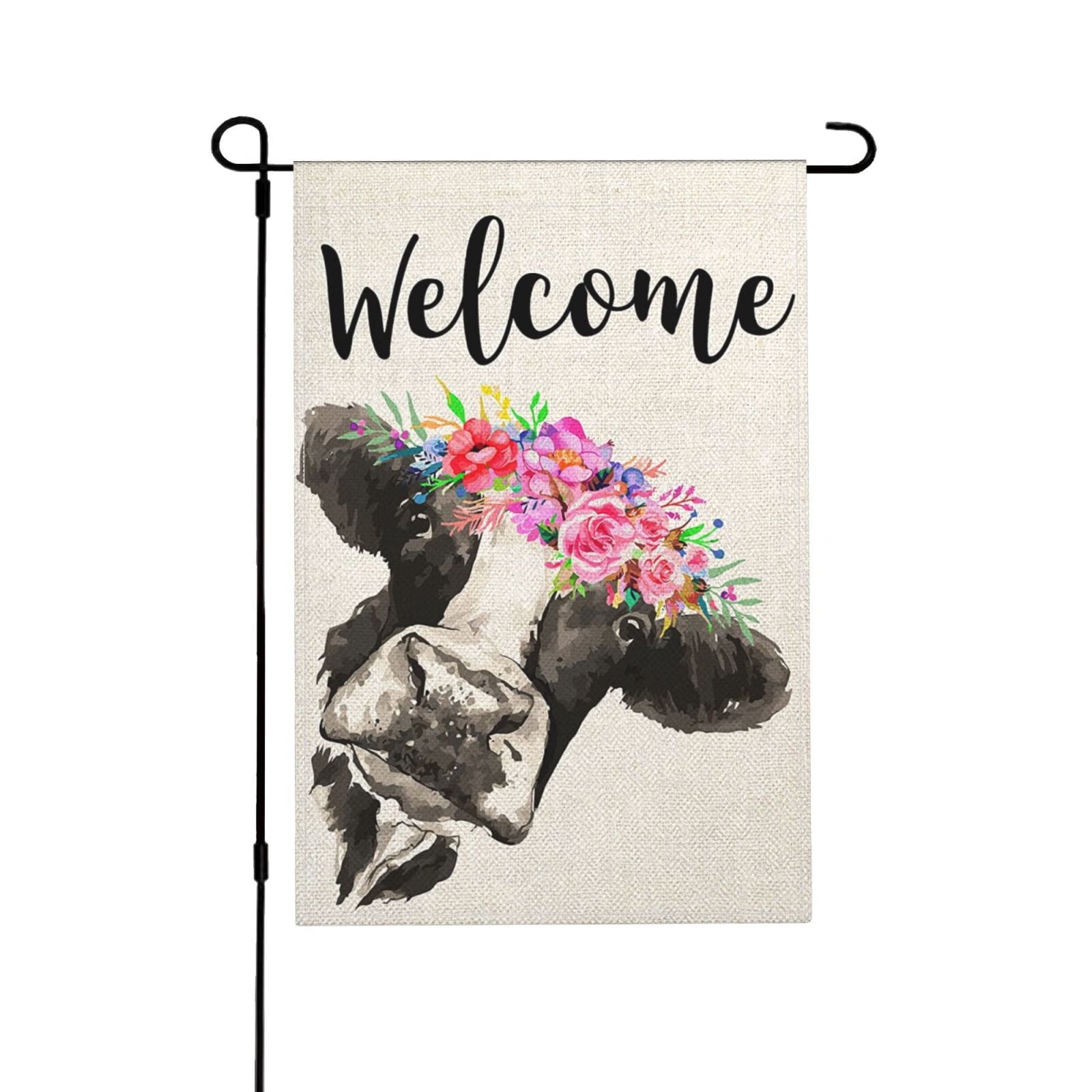 JOOCAR Welcome Floral Crown Cow Garden Burlap Flag, Double Sided ...