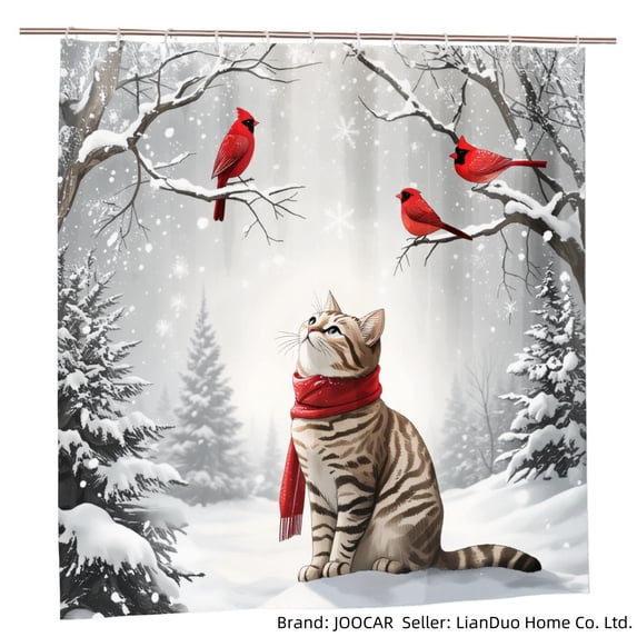 JOOCAR Winter Cat with Red Birds Snow Scene Polyester Shower Curtain ...