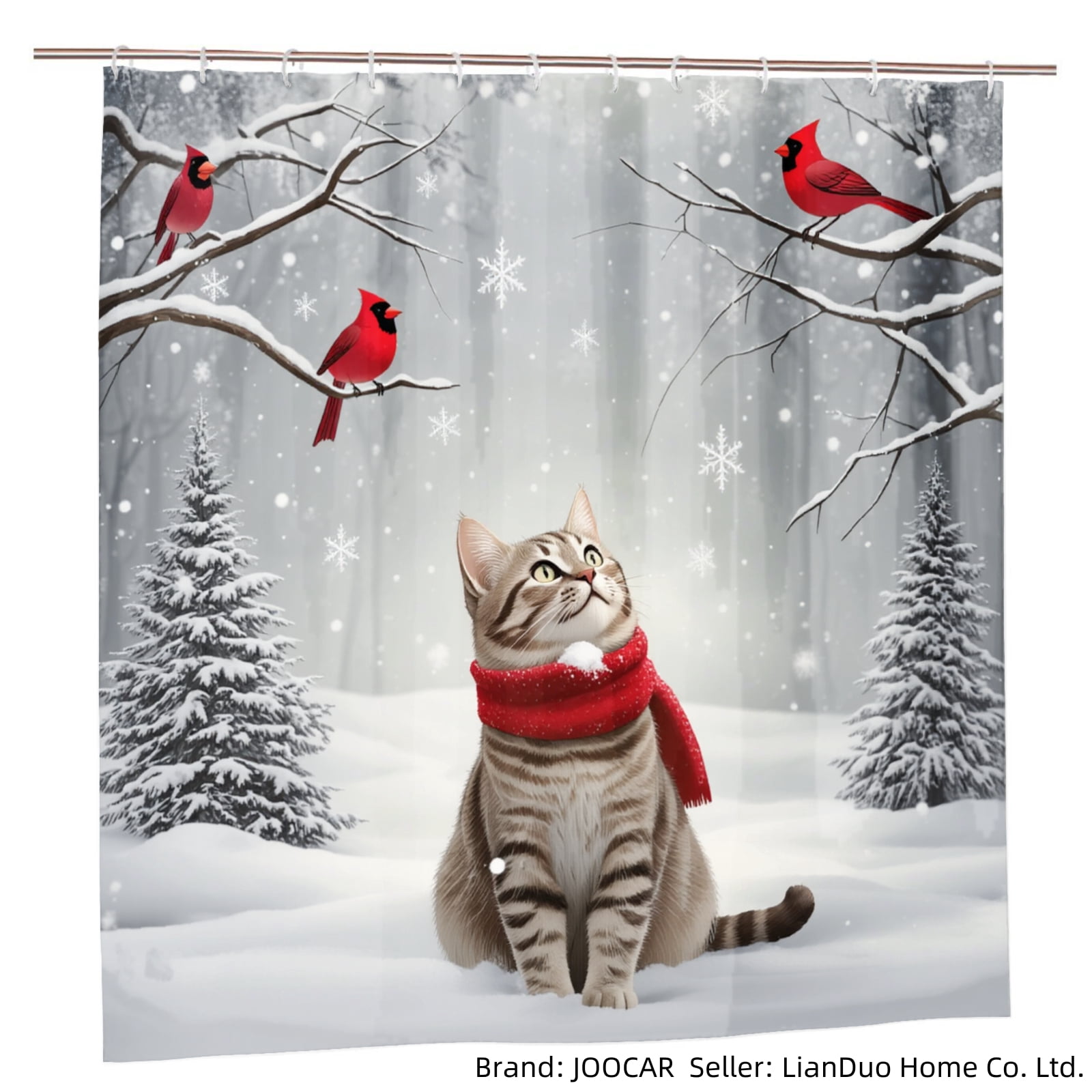 JOOCAR Winter Cat with Red Scarf and Cardinals Snow Scene Polyester ...