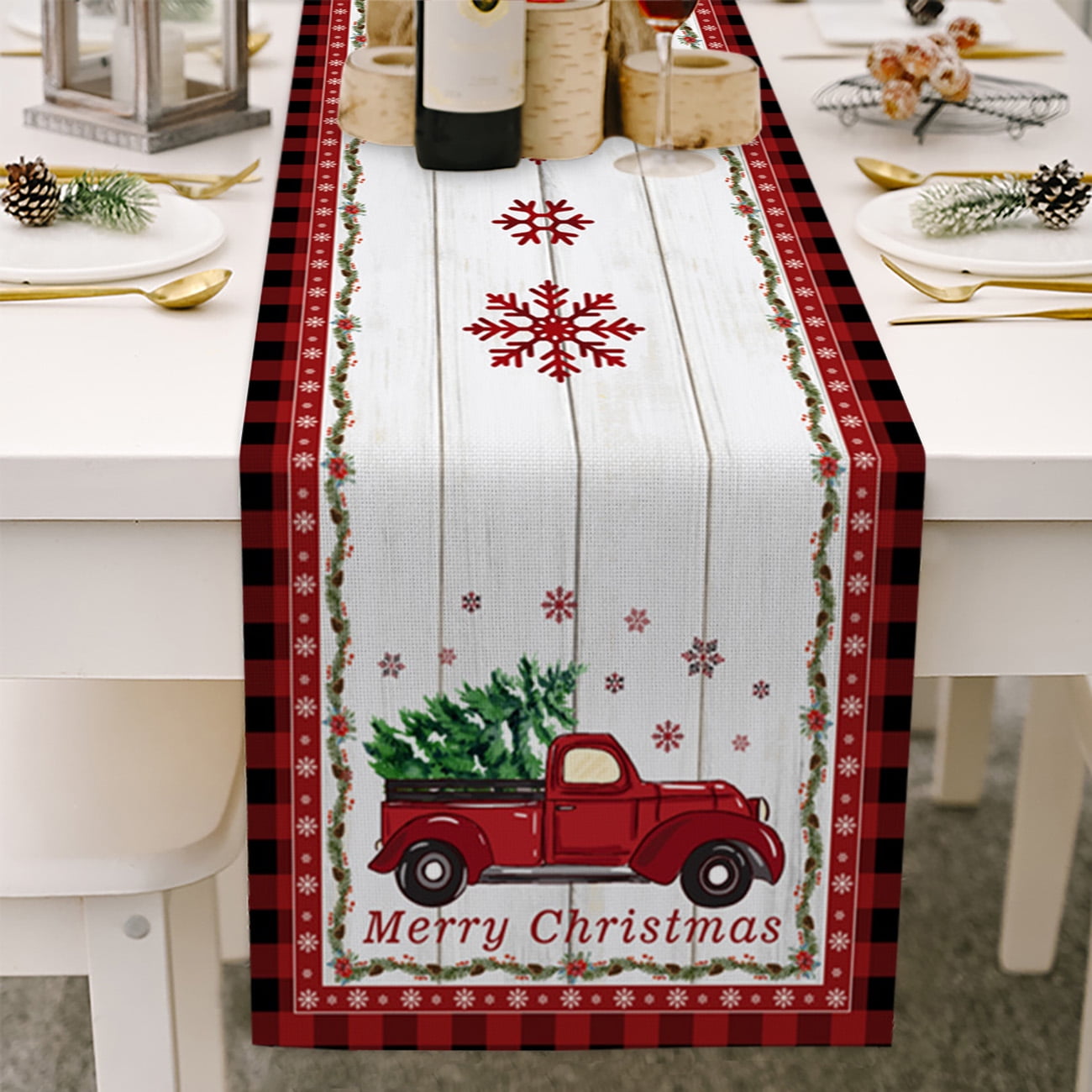JOOCAR Winter Christmas Trees Snowflakes Linen Table Runner for Xmas ...