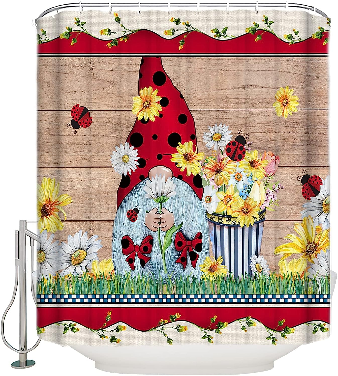 JOOCAR 72x72 Inches Polyester Shower Curtain Set with Hooks, Ladybug ...