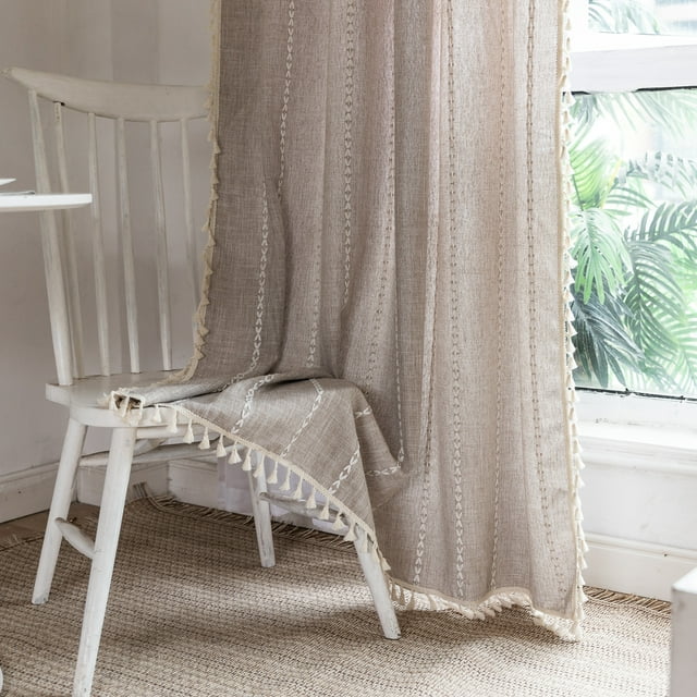 "JOOJA Farmhouse 2 Panels Embroidered Linen Curtains with Tassels ...