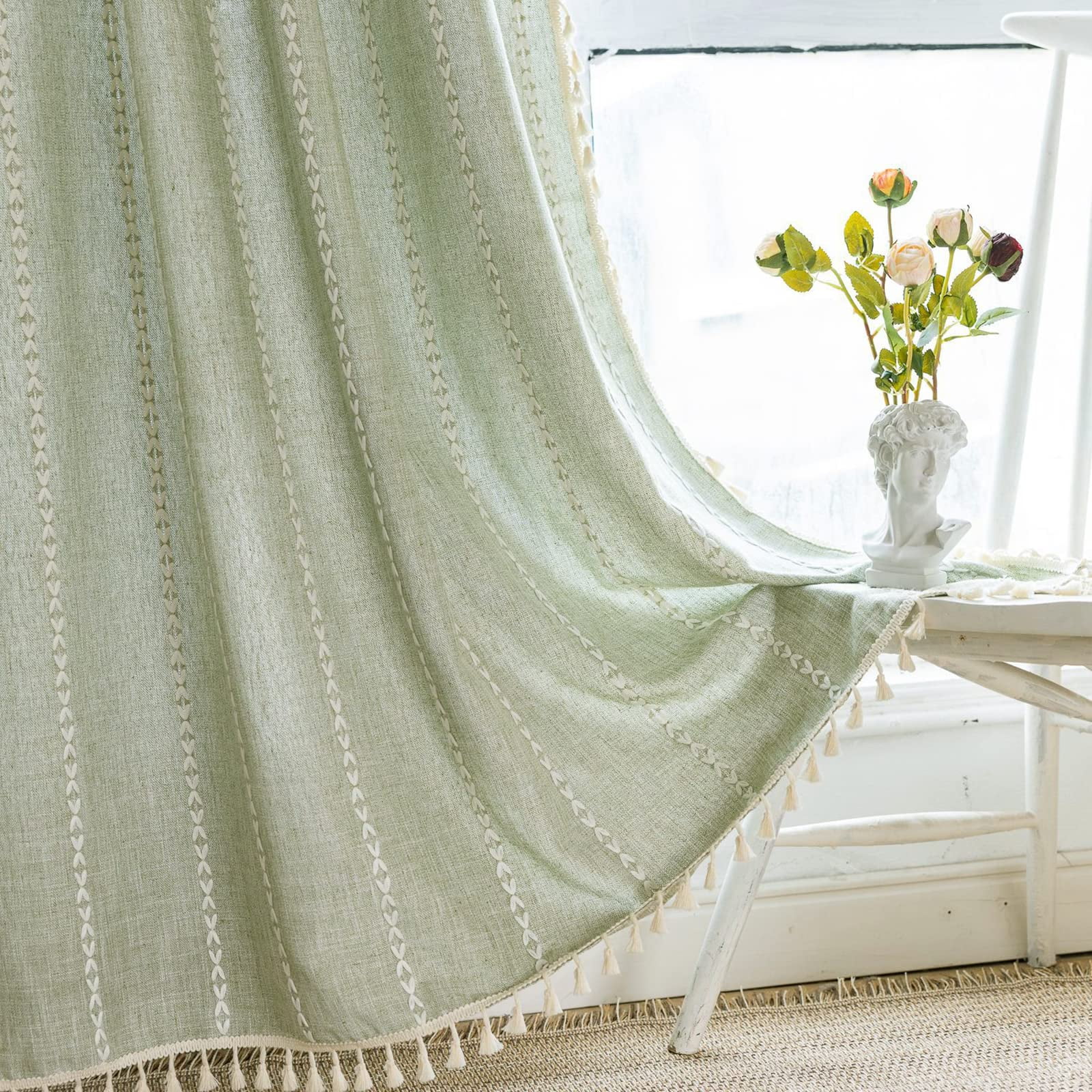 JOOJA Embroidered Boho Linen Curtains, Green, 55" W x 96" L, Set of 2 ...
