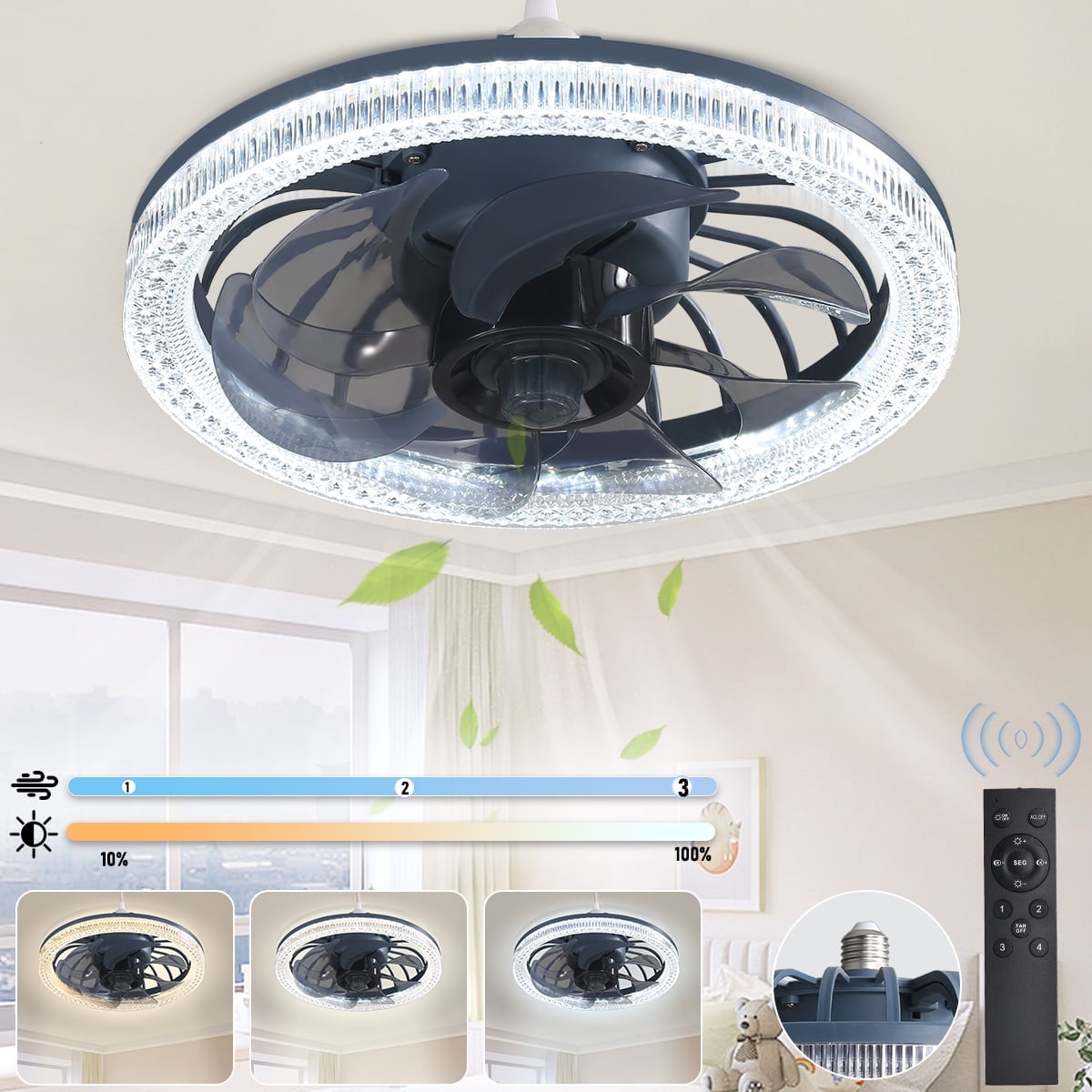 JOPESO 12" Socket Ceiling Fan Light, Remote Control, 3 Speeds, Dimmable ...