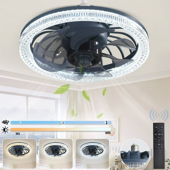 JOPESO 12" Socket Ceiling Fan Light, Remote Control, 3 Speeds, Dimmable ...