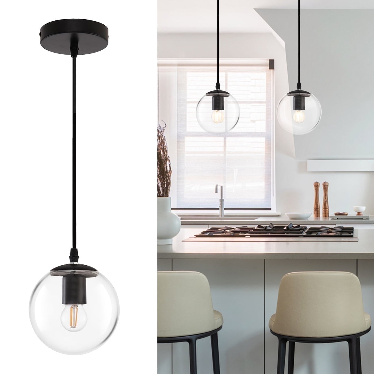 JOPESO Pendant Lighting Clear Globe Hanging Lamp Modern Kitchen Light ...