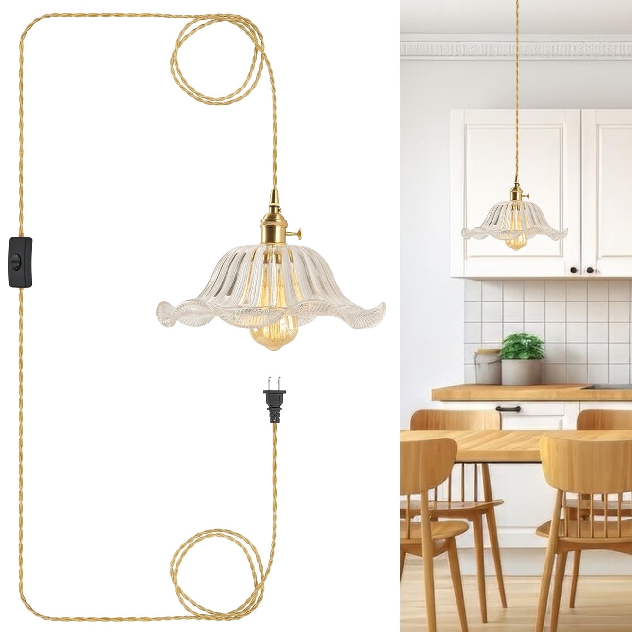 JOPESO Pendant Lights Plug in Clear Glass Hanging Light for Kitchen ...
