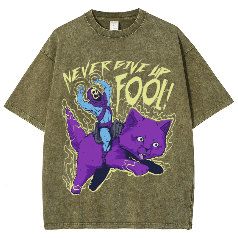 JOSHINE Never Give Up Fool Unisex Oversized Print Vintage Wash Denim T ...