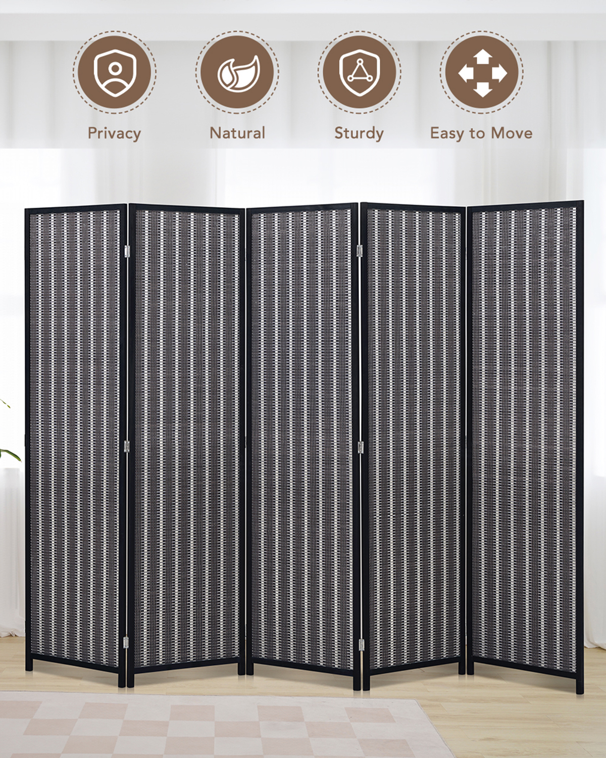 JOSTYLE 5-Panel Room Divider, Natural Bamboo Pinewood Frame, Black ...