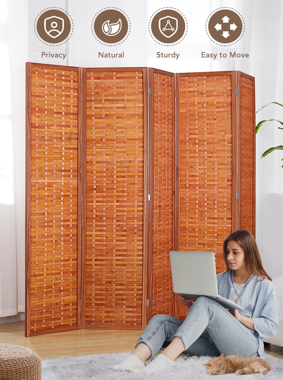 JOSTYLE 5-Panel Divider, Folding Privacy Screen, Bamboo Pinewood Frame ...