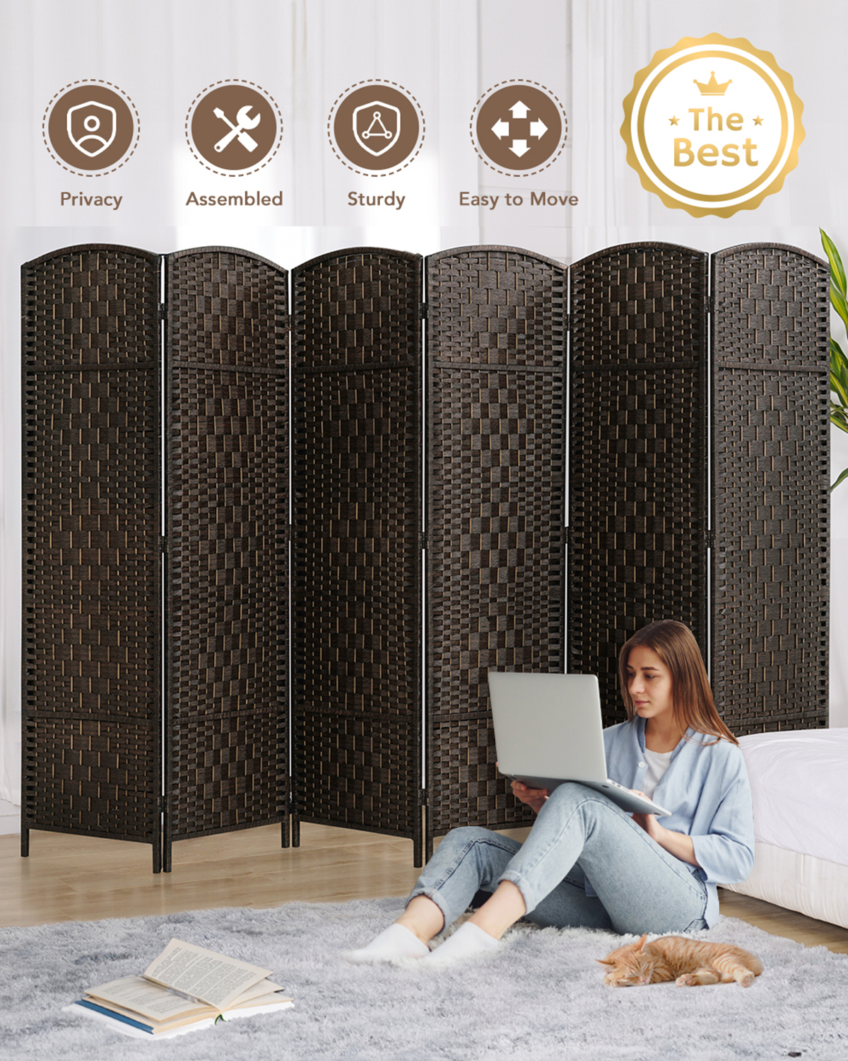 JOSTYLE 6ft Tall Extra Wide Privacy Screen, Diamond Double-Weave Room ...