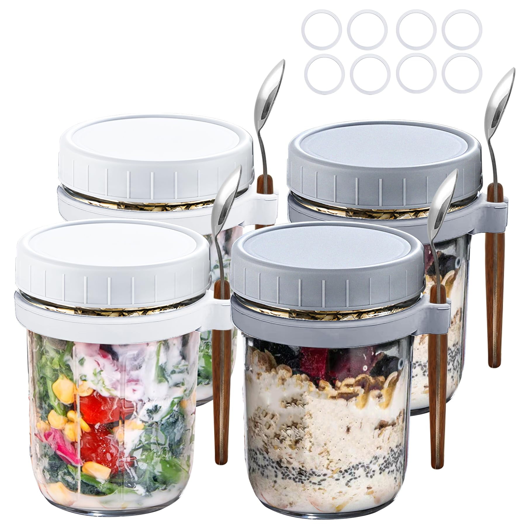 JOUALY 4Pack/16oz Overnight Oats Containers with Lids and Spoons,Glass Mason Jars with ...