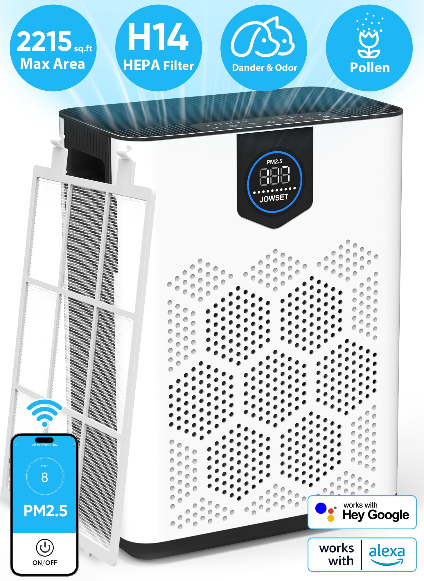 JOWSET HEPA 14 WiFi Air Purifier, Allergen Remover for Large Rooms ...