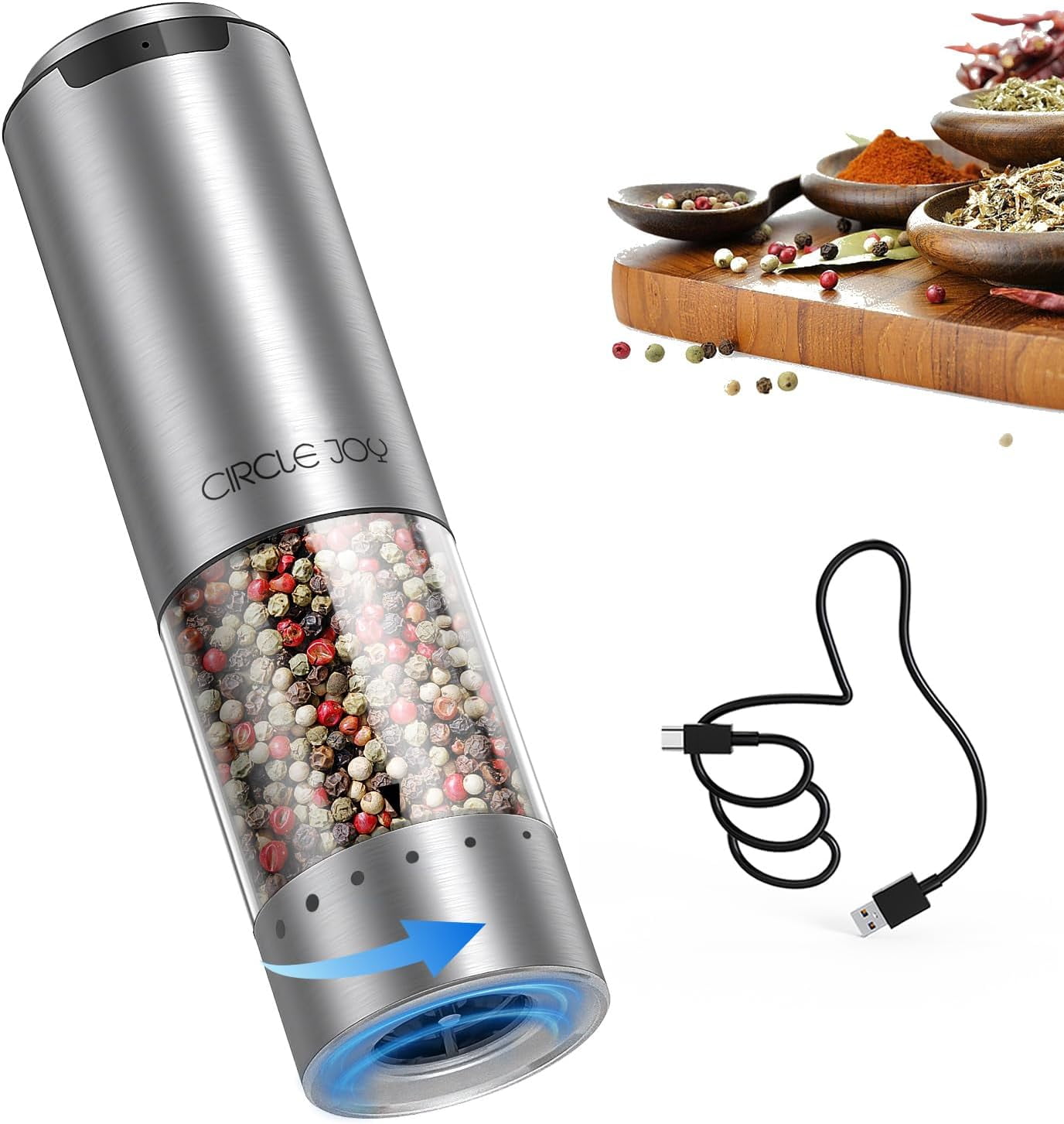 JOY Elecic Pepper Grinder Stainless Steel Recharable Pepper Mill with ...