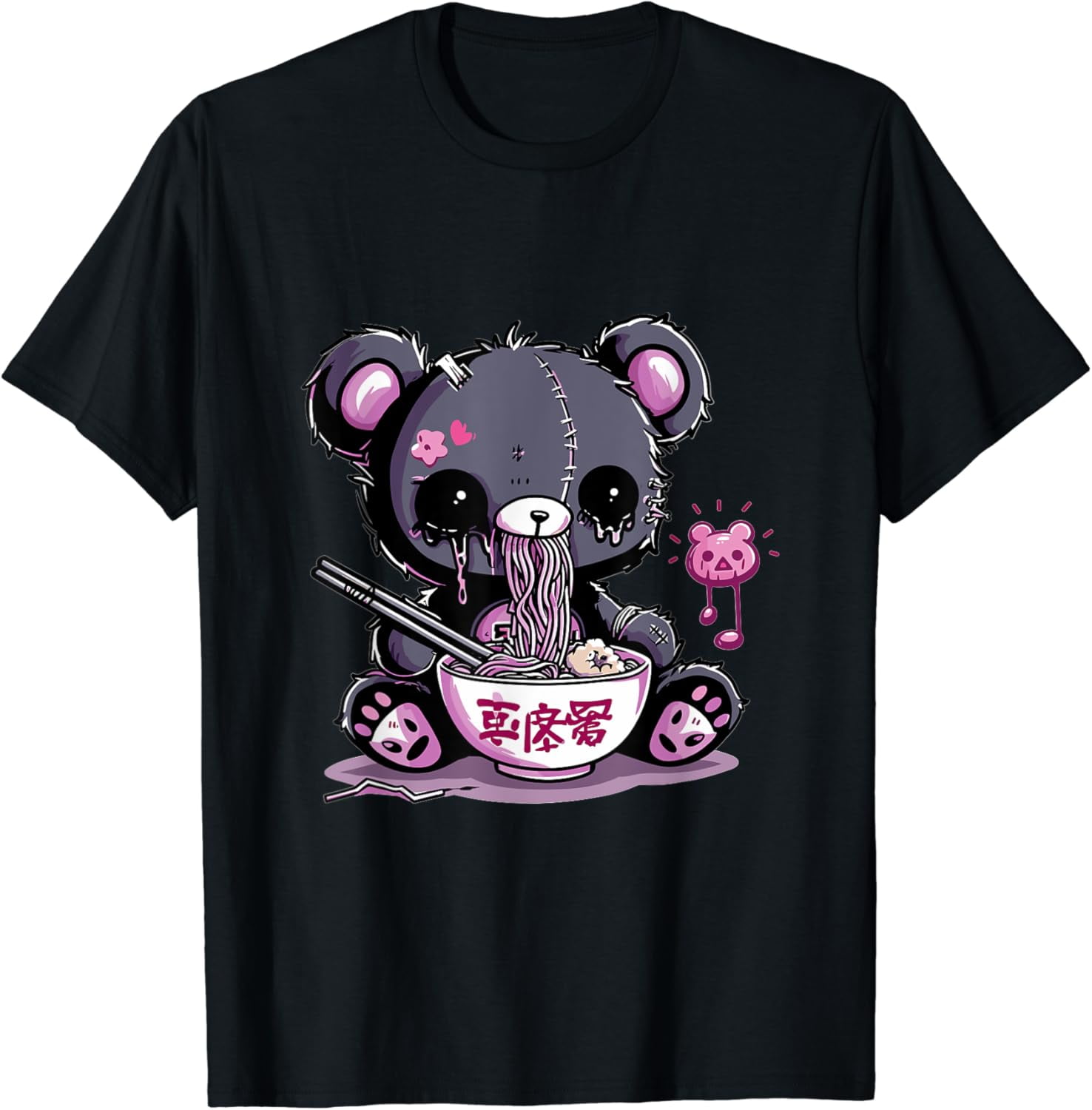 JOY Goth Pastel Cute Creepy Kawaii Teddy Bear eating Ramen T-Shirt - Walmart.com