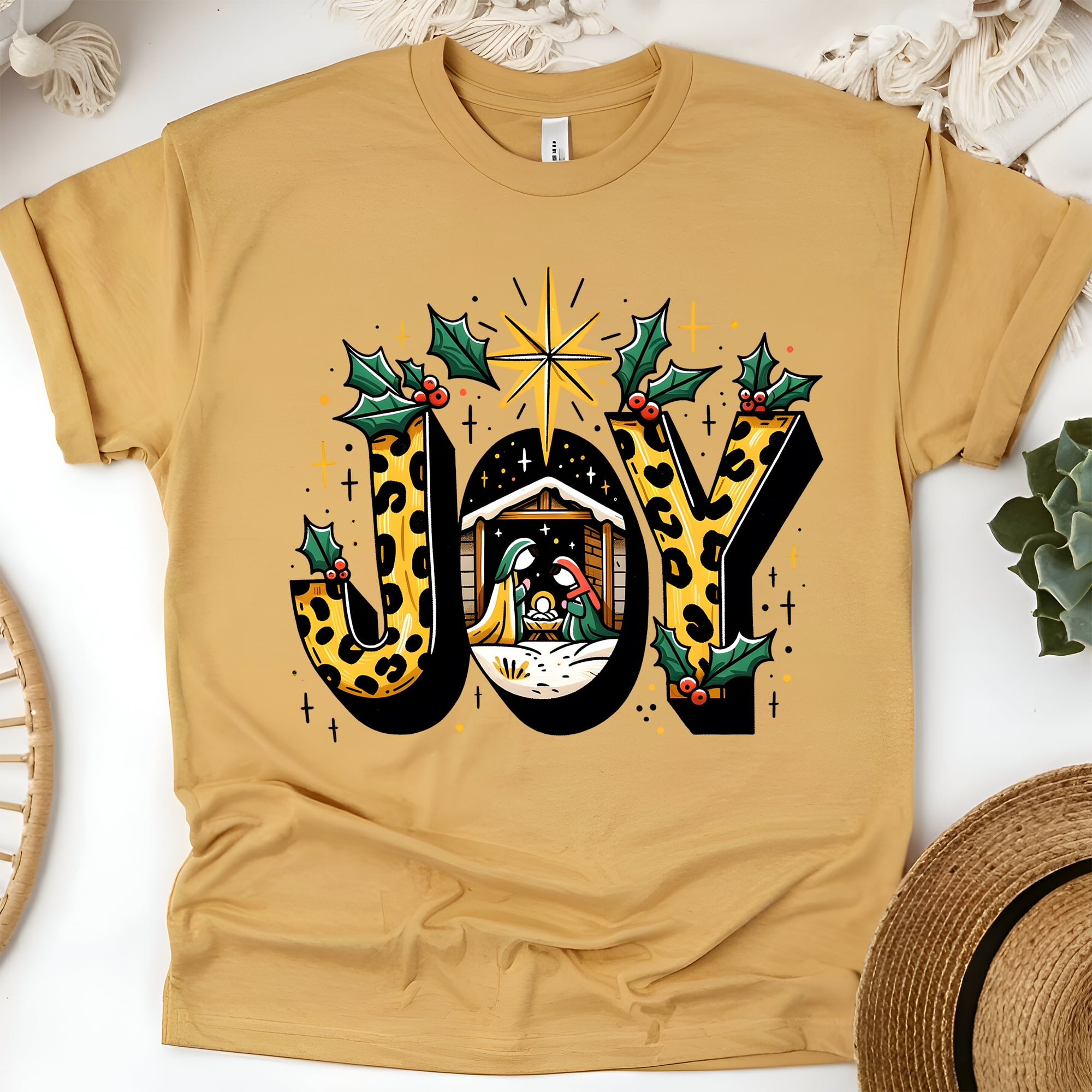 JOY Graphic T-Shirt with Leopard Print and Nativity Scene, Gold, Size ...