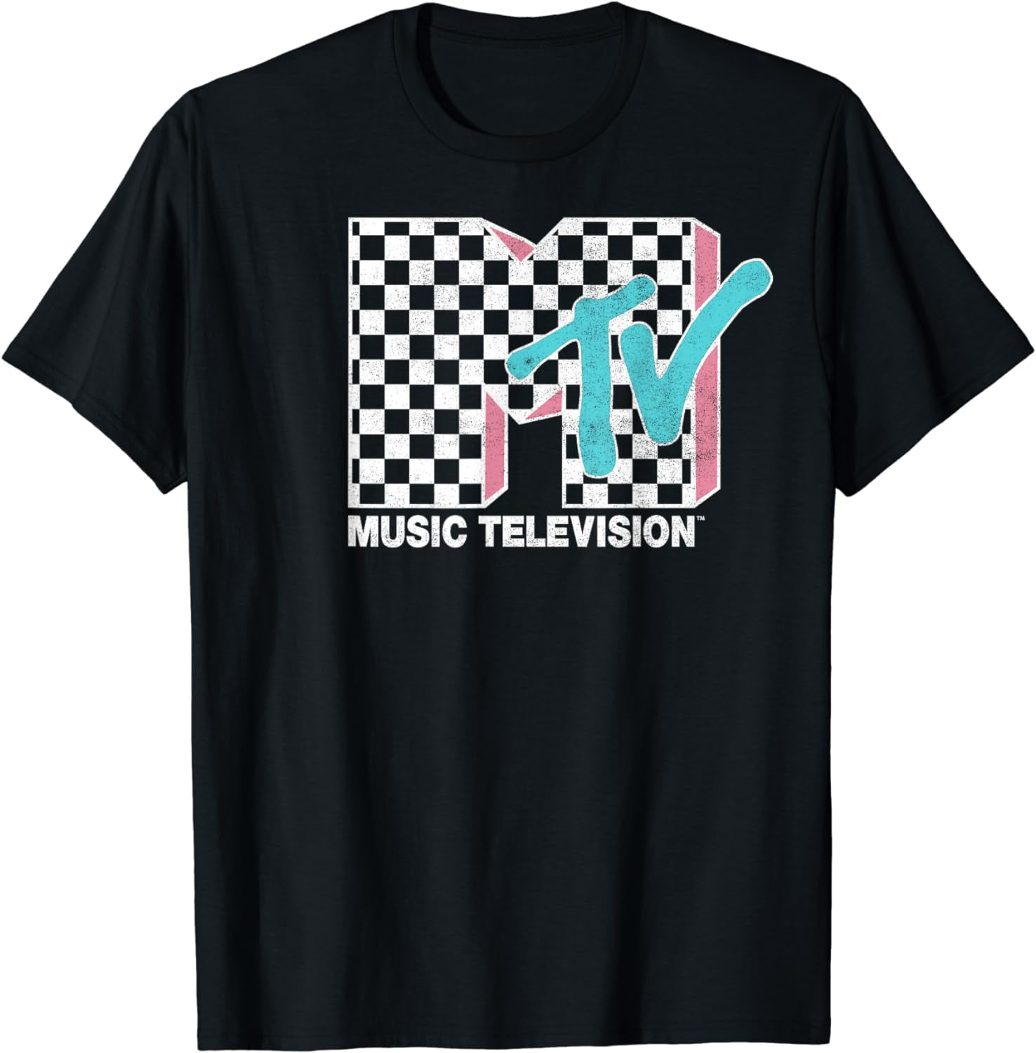 MTV Neon Distressed Checkered Logo Graphic T-Shirt T-Shirt - Walmart.com