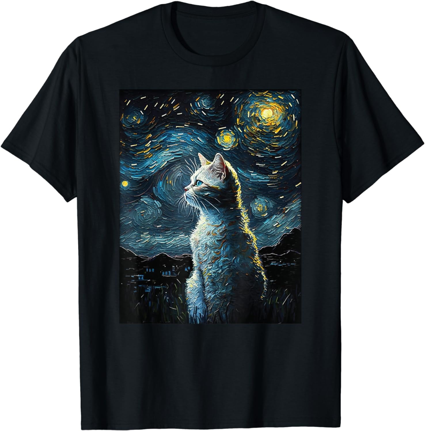 JOY white cat Painting art Starry Night kitty kitten Van Gogh T-Shirt ...
