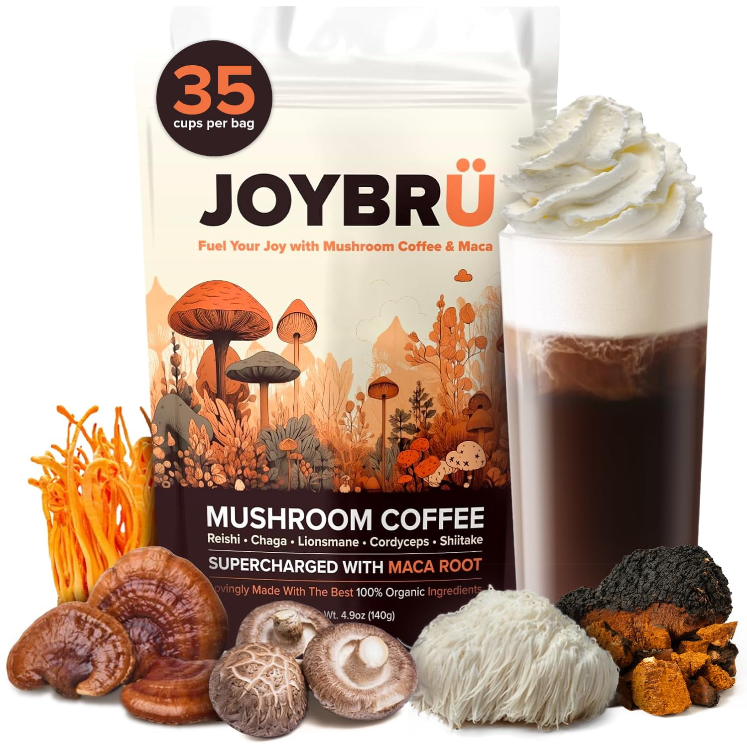 JOYBRÜ Organic Mushroom Coffee with Maca Root - Arabica Mushroom Coffee ...