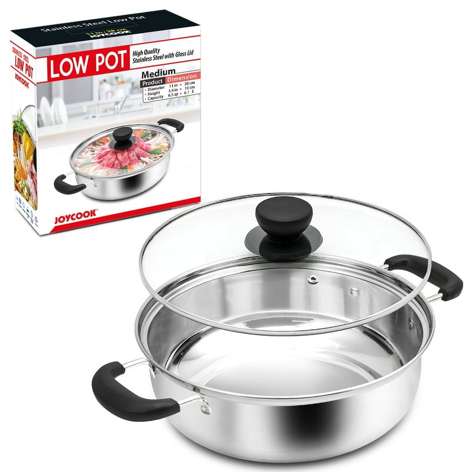 JOYCOOK Low Pot 11 inch (28cm) Stainless Steel with Glass Lid Large 6.5 ...
