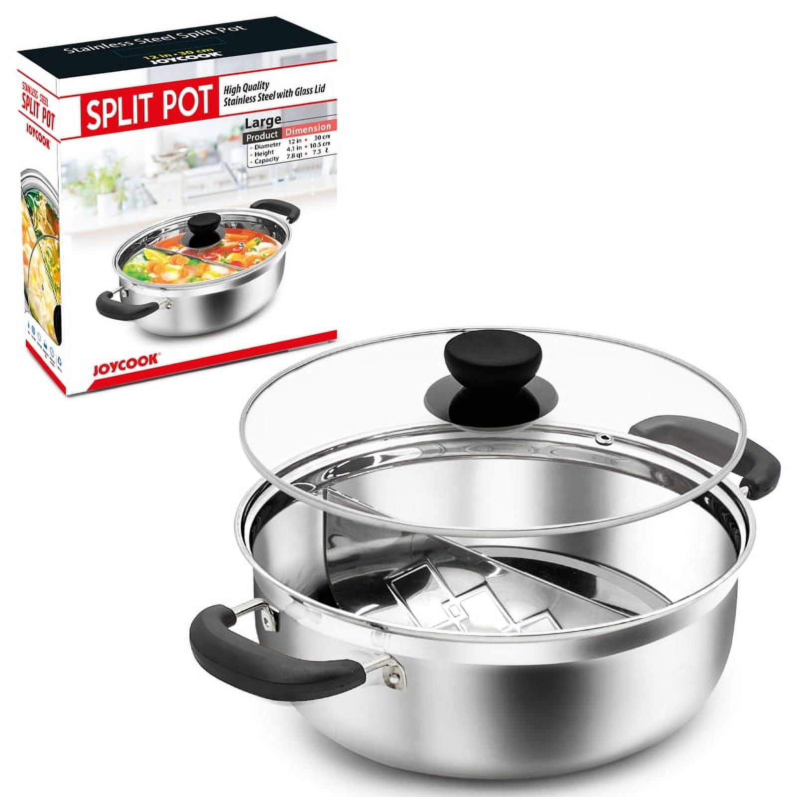 JOYCOOK Split Pot 12 inch (30cm) Stainless Steel with Glass Lid Large 7 ...