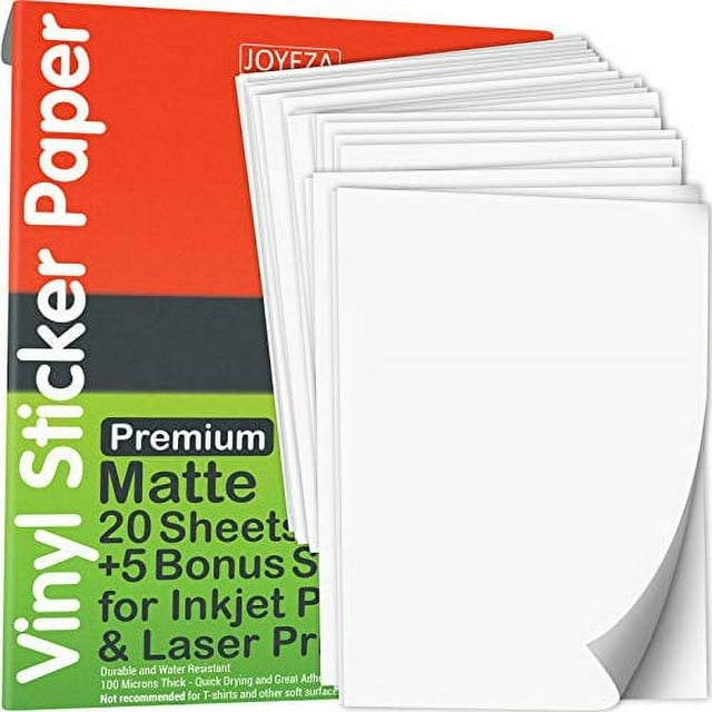 JOYEZA Premium Printable Vinyl Sticker Paper for Inkjet Printer - 25 Sheets Matte White ...