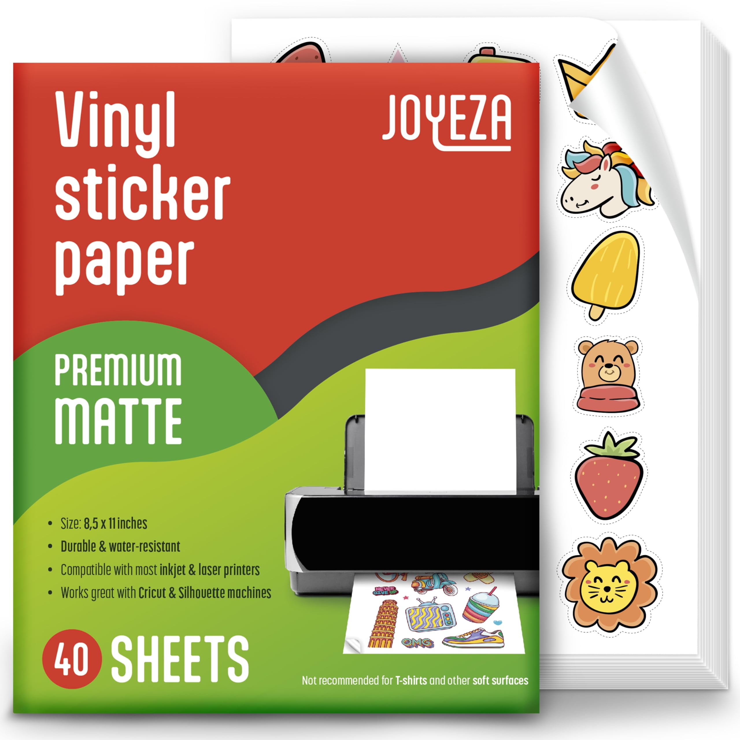 JOYEZA Premium Printable Vinyl Sticker Paper for Inkjet Printer - 40 Sheets Matte White ...