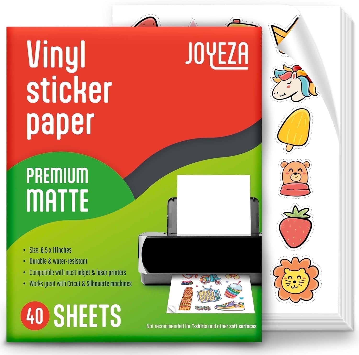 JOYEZA Waterproof Decal Printing Vinyl Sticker Paper for Inkjet Printer, 8.5 x 11 in, 40 Sheets ...