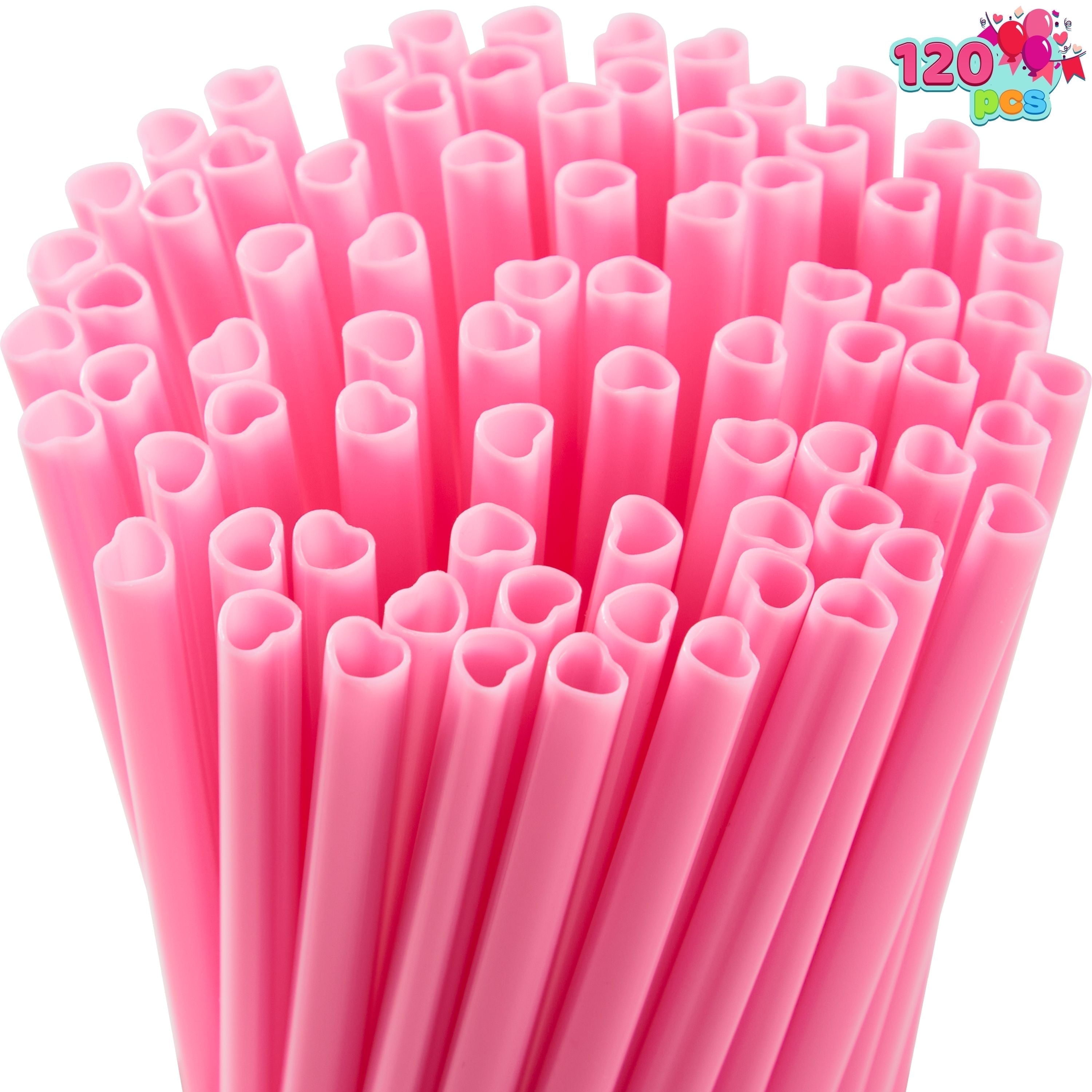 Joyfy 120pcs Heart Shaped Pink Straws Disposable Drinking Straw ...