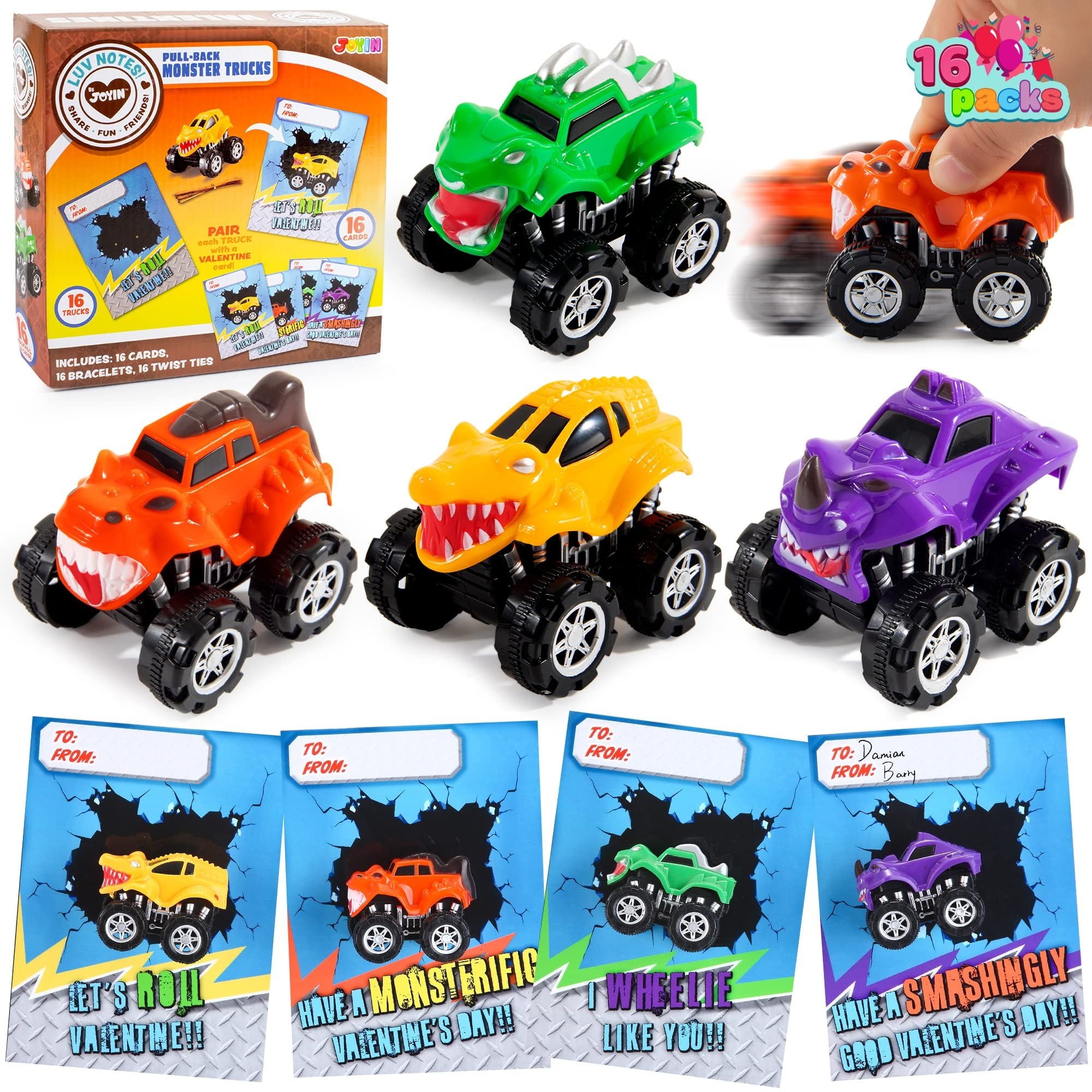 JOYFY 16 Pack Valentines Day Pull Back Monster Truck Toys with Gift ...