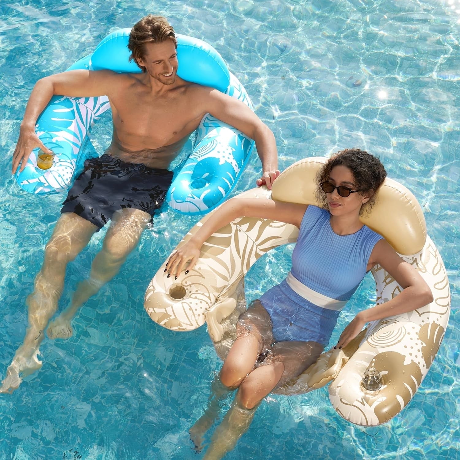 Joyfy Inflatable Pool Chairs Pack with Cup Holders Blue and Gray for ...