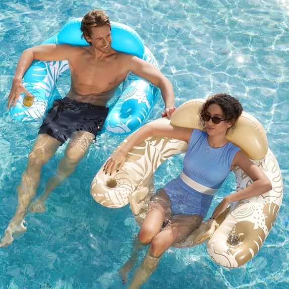 Joyfy Inflatable Pool Chairs Pack with Cup Holders Blue and Gray for ...