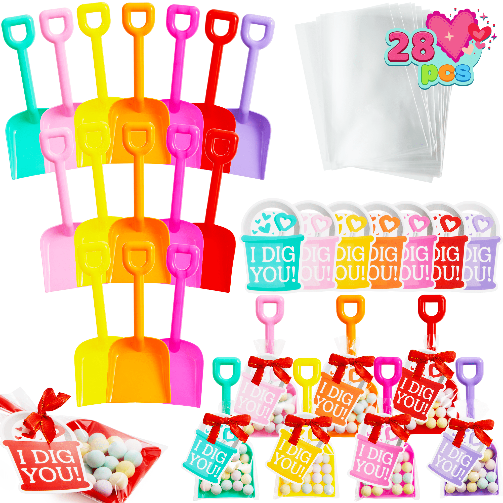 JOYFY 28 PCS Plastic Toy Shovels with I DIG YOU Cards, 28 Candy Bags ...