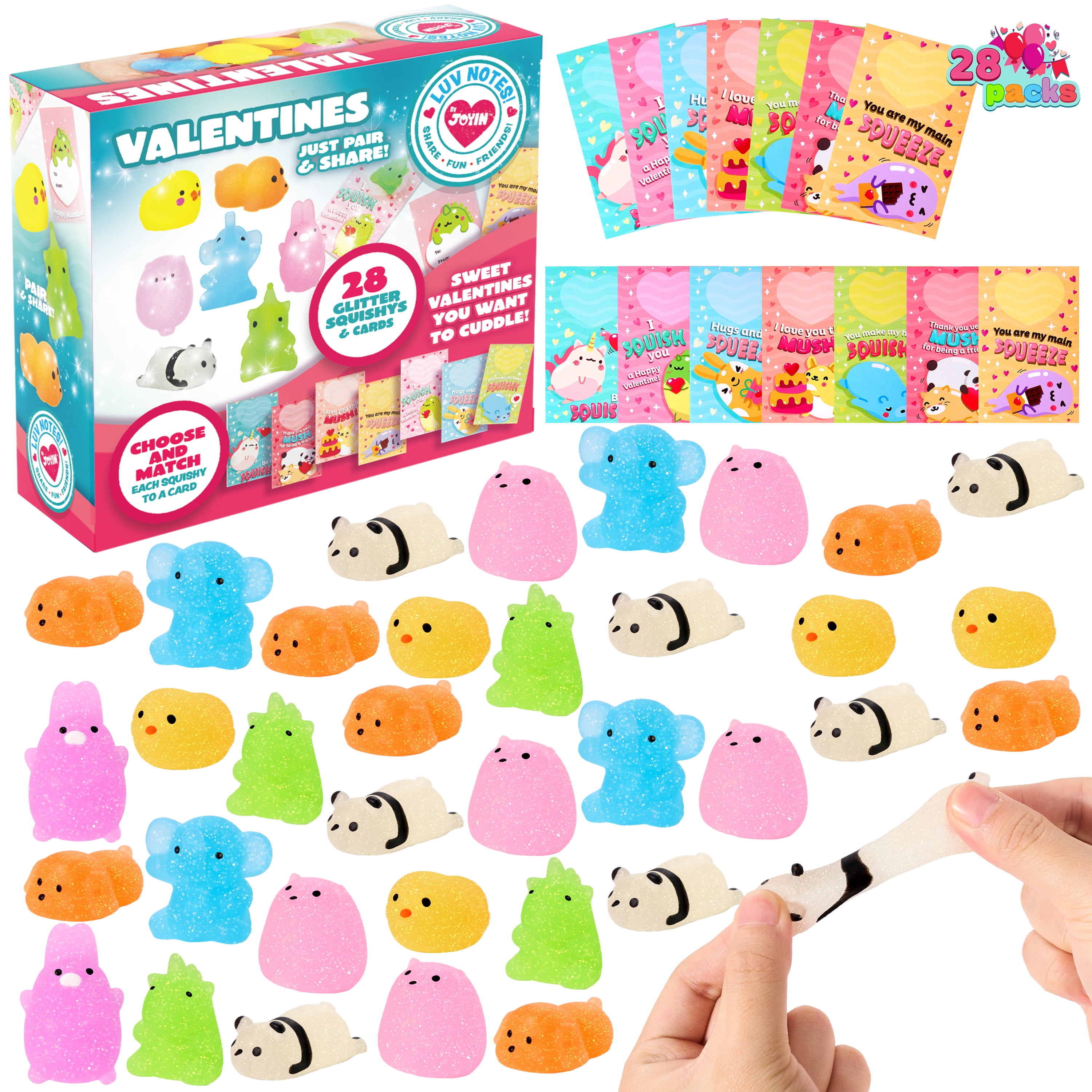 JOYFY 28 Packs Valentines Cards with Squishy Toys for Kids, Glitter ...