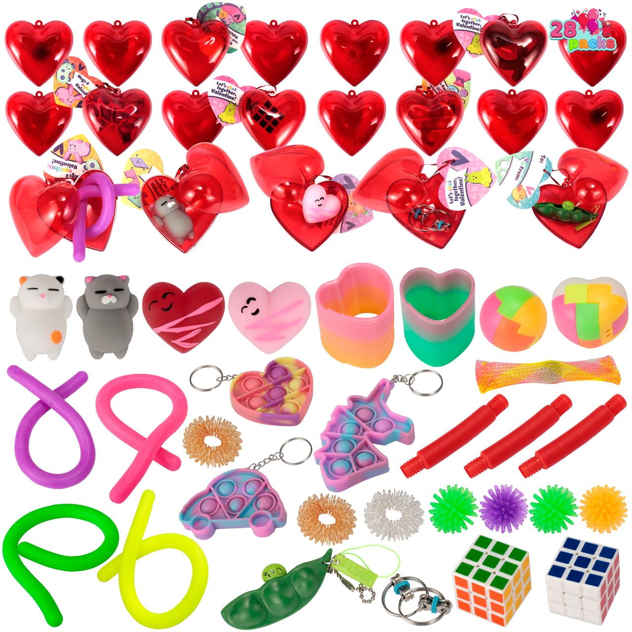 JOYFY 28 Packs Valentine Stress Relief Toys with Heart Shells and Cards ...