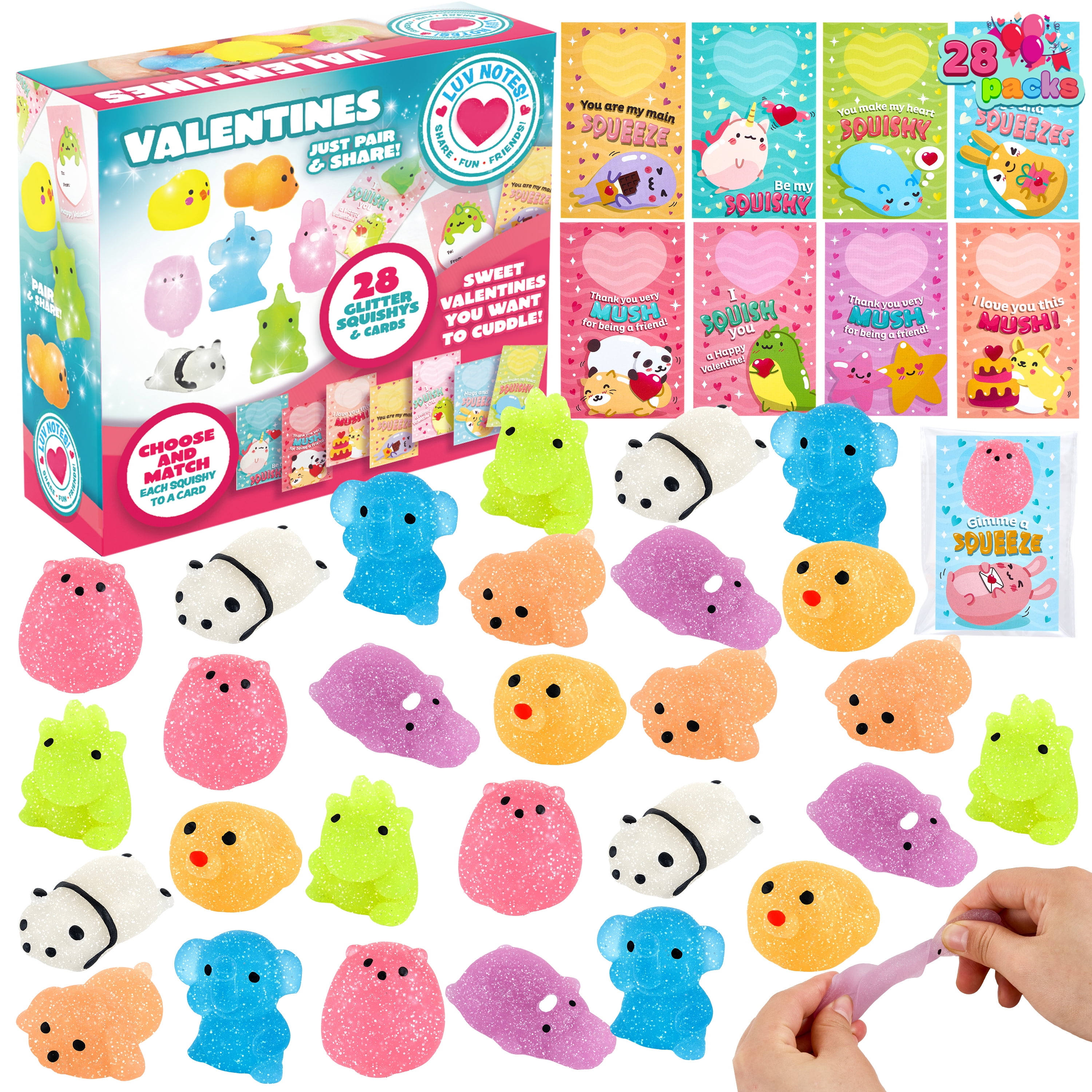 Joyfy 28 Packs Valentines Cards with Squishy Toys for Kids, Glitter ...
