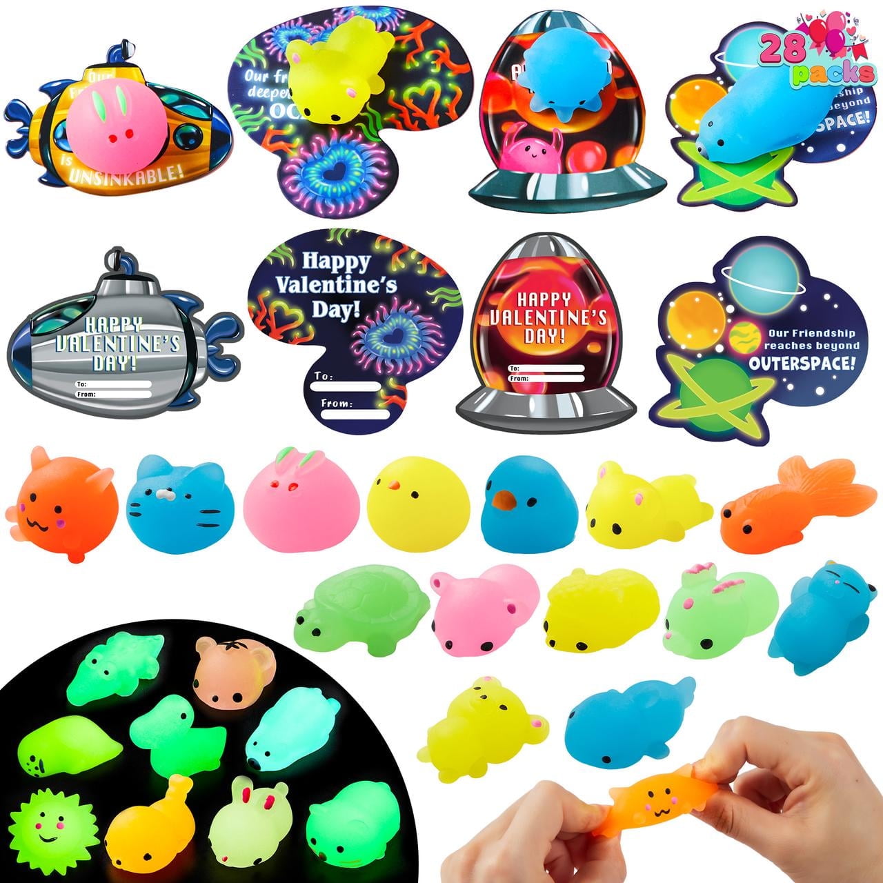 JOYFY 28 Packs Valentines Day Gift Cards with Mochis, Glow in The Dark ...