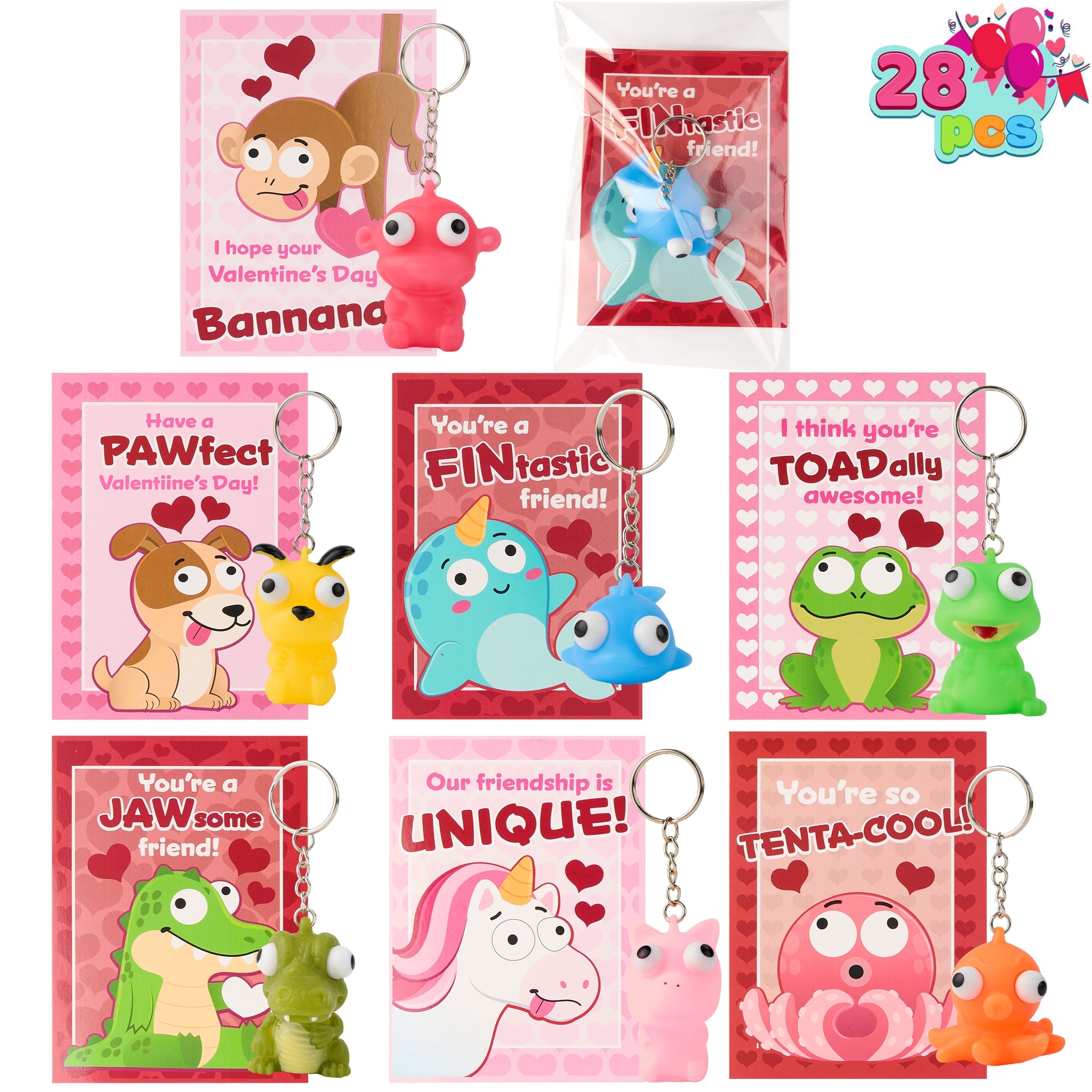JOYFY 28 PCS Pink Valentines Cards with Animal Popping Eyes Keychains ...