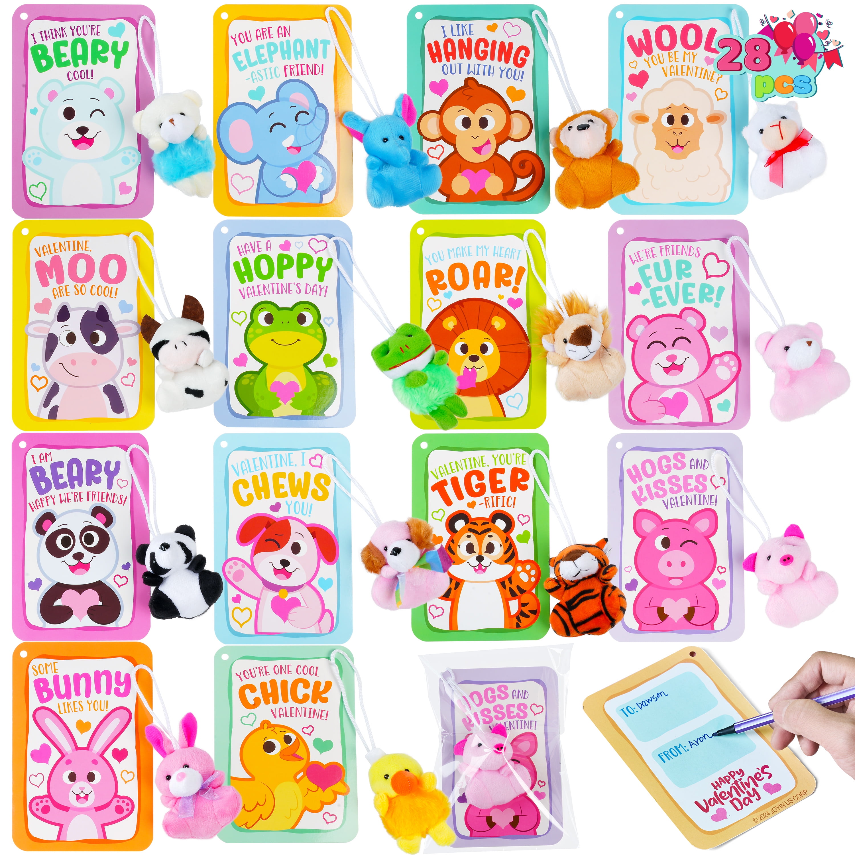 JOYFY 28 Pack Valentines Day Kids with Mini Plush Animals,Valentines ...