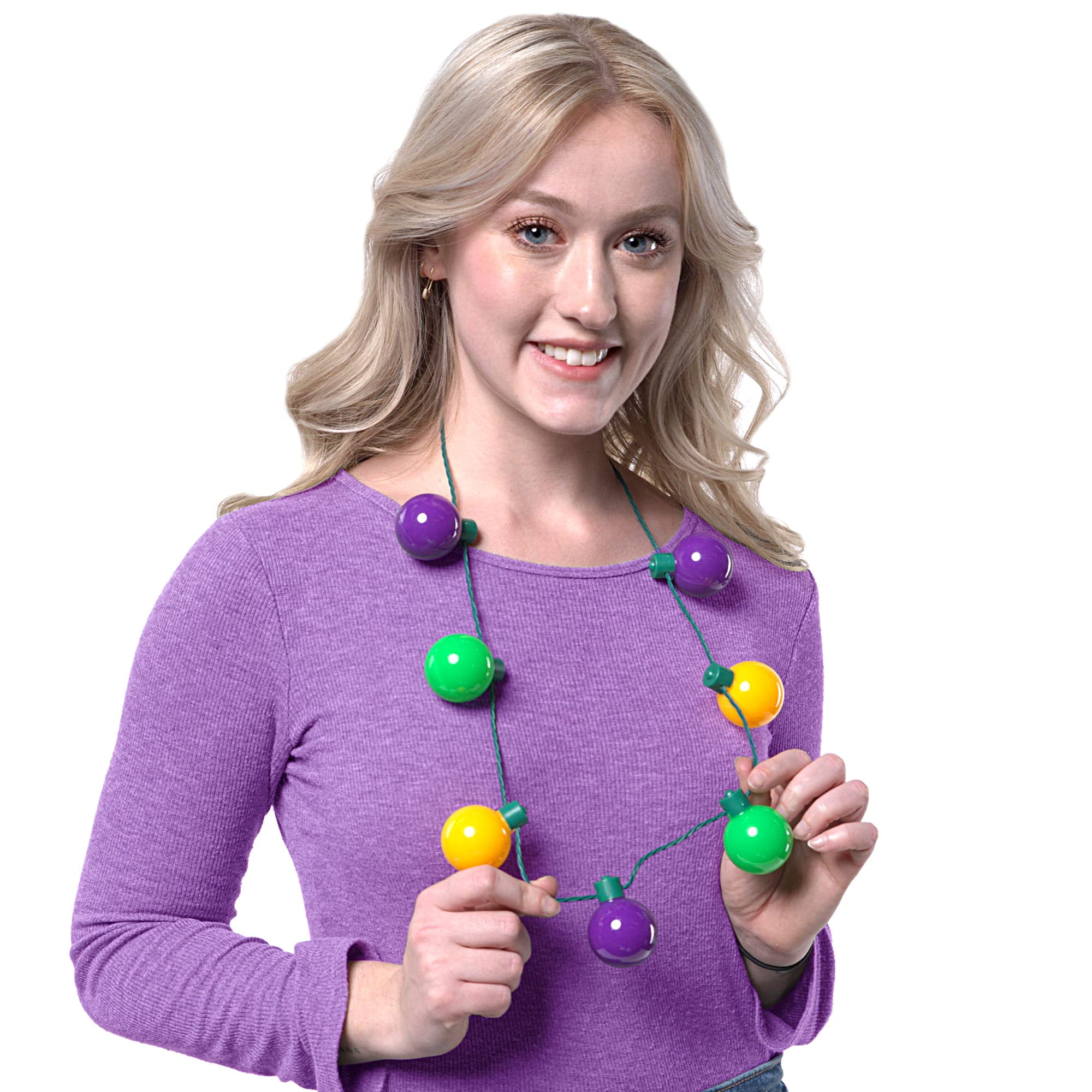 JOYFY 3 carnival LED light bulb necklaces, purple, green, gold LED ...